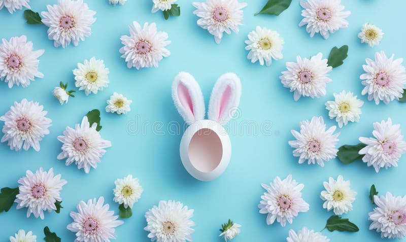 Easter Egg with Bunny Ears Surrounded by White and Pink Flowers on Blue ...