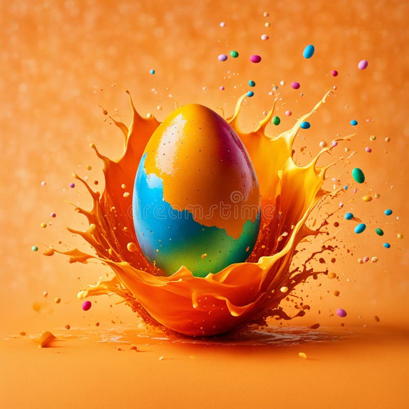 Easter Egg in a Color Explosion or Splash on Orange Background Stock ...