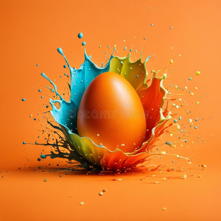 Easter Egg in a Color Explosion or Splash on Orange Background Stock ...