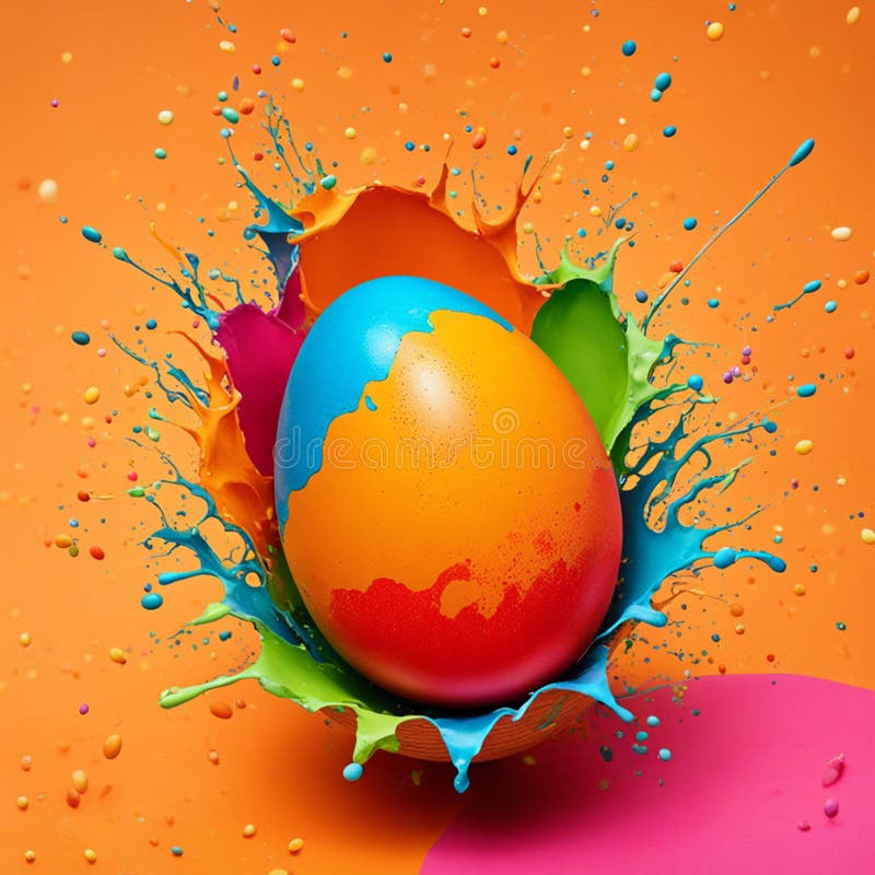 Easter Egg in a Color Explosion or Splash on Orange Background Stock ...