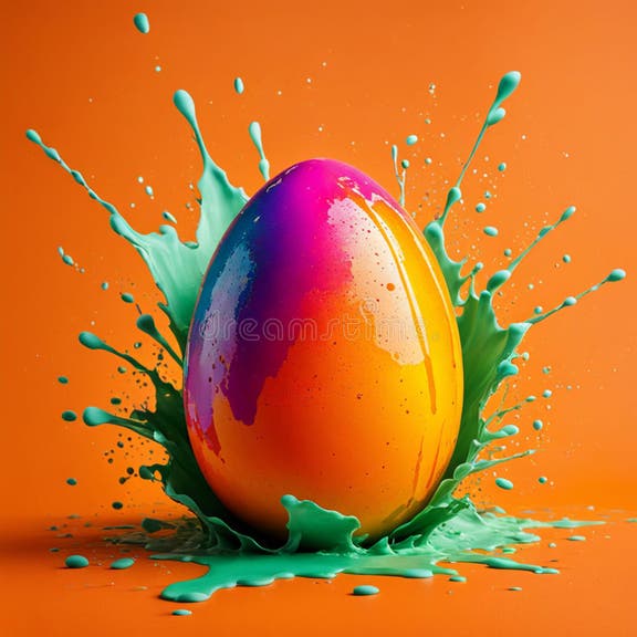 Easter Egg in a Color Explosion or Splash on Orange Background Stock ...