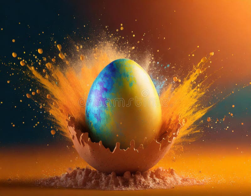 Easter Egg in a Color Explosion or Splash on Orange Background Stock ...