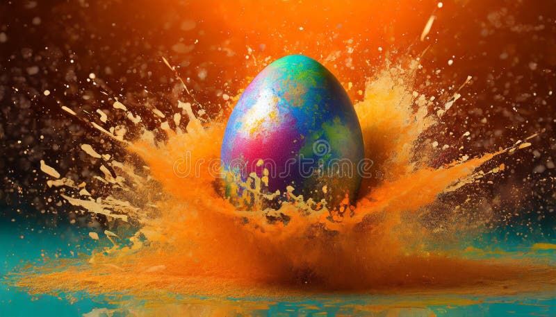 Easter Egg in a Color Explosion or Splash on Orange Background Stock ...