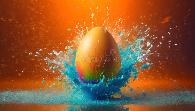 Easter Egg in a Color Explosion or Splash on Orange Background Stock ...