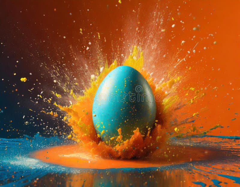 Easter Egg in a Color Explosion or Splash on Orange Background Stock ...