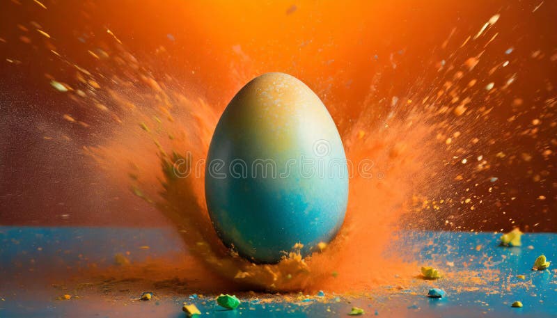 Easter Egg in a Color Explosion or Splash on Orange Background Stock ...