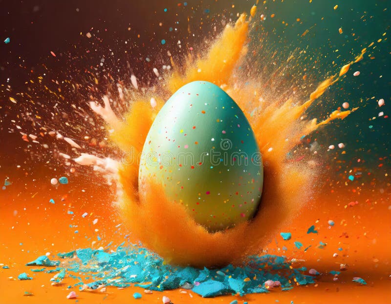 Easter Egg in a Color Explosion or Splash on Orange Background Stock ...