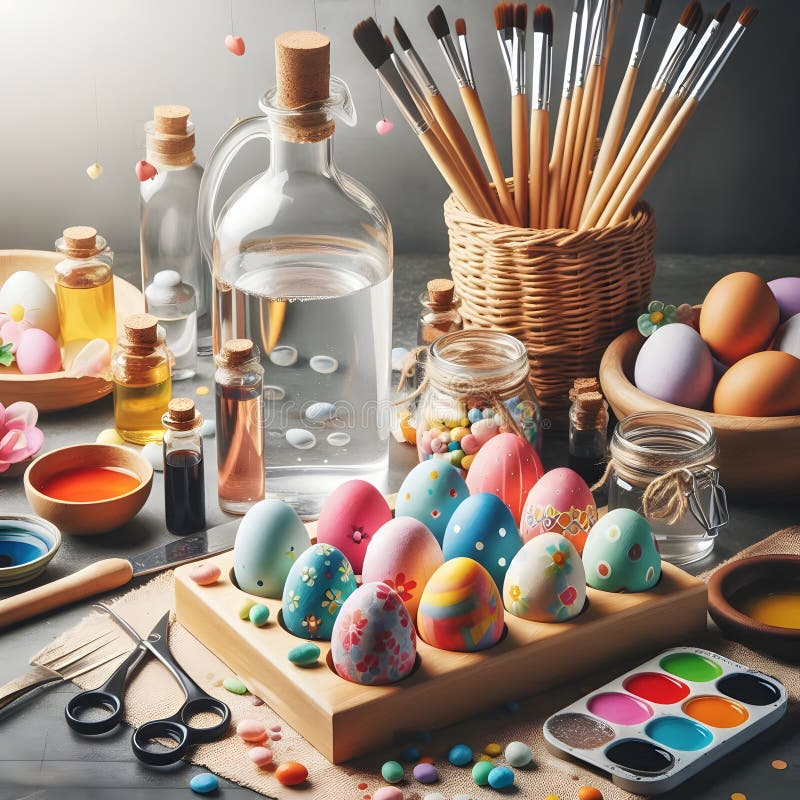 Easter Egg Decorating Station with Paints, Brushes, Eggs, and Various ...