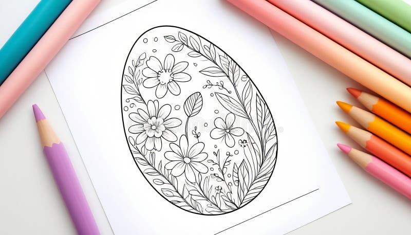 Easter Egg Floral Coloring Page with Pastel Pencil Set for Creative ...