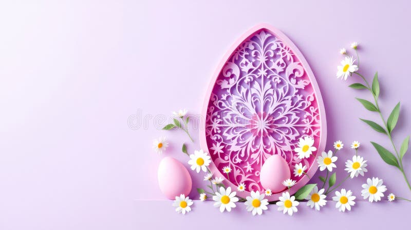 Easter Egg with Floral Cutout Design Surrounded by Daisies on Pastel ...