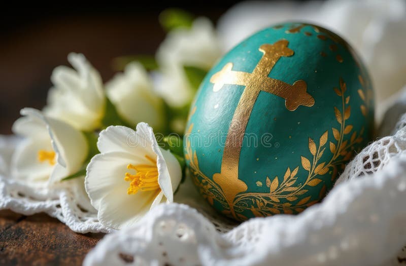 Easter Egg with Golden Cross and White Flowers on Delicate Lace Stock ...