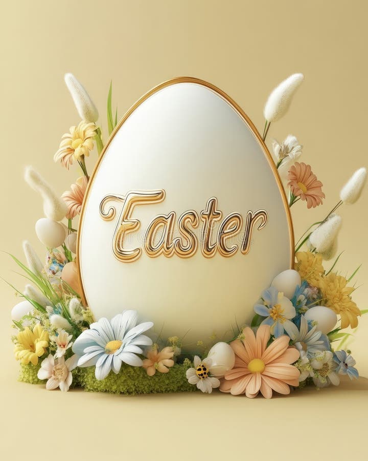 Easter Egg with Easter Golden Text, Surrounded by Spring Flowers Stock ...