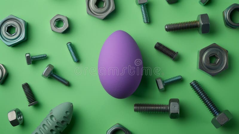 Easter Egg on Green Background with Hand Tools, Fasteners and Fittings ...