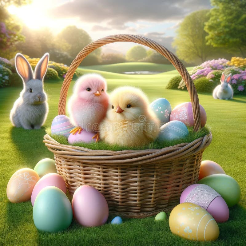 Easter Egg Hunt Basket Cute Furry Bunny Chicks Backyard Pastel Colors ...