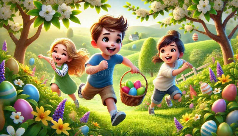 Easter Egg Hunt Illustration with Children Playing Under Blooming Trees ...