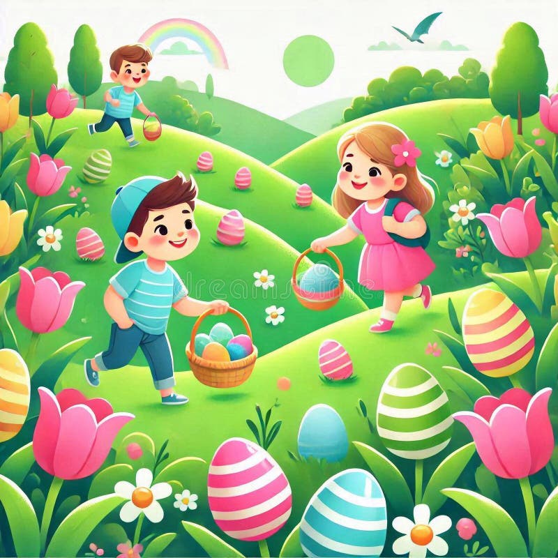 Easter Egg Hunt Illustration with Kids Collecting Decorated Eggs in a ...