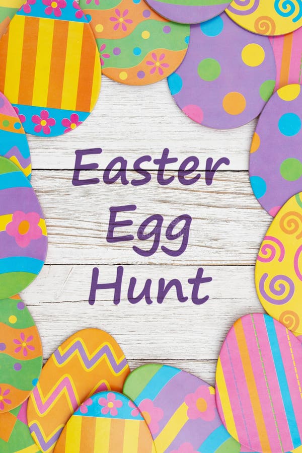Easter Egg Hunt Invitation with Easter Eggs on Wood Stock Photo - Image ...