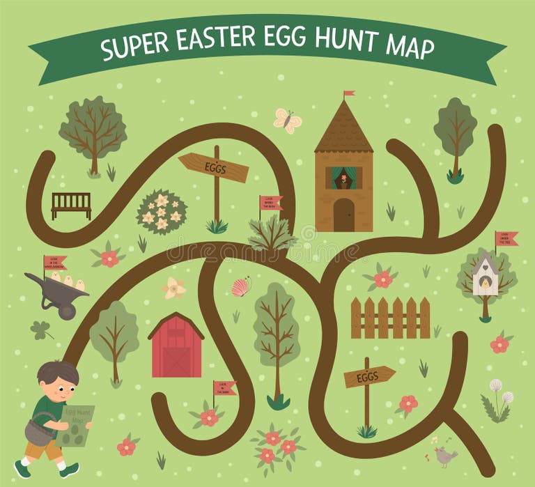 Easter Egg Hunt Map. Set of Flat Spring Cartoon Elements Stock Vector ...