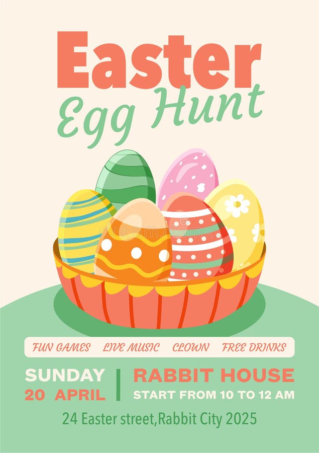 Easter Egg Hunt Poster with Colorful Basket and Decorative Eggs Stock ...