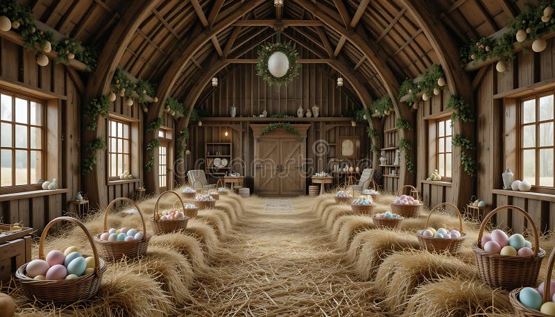 Easter Egg Hunt in Rustic Barn with Baskets and Hay Stock Illustration ...