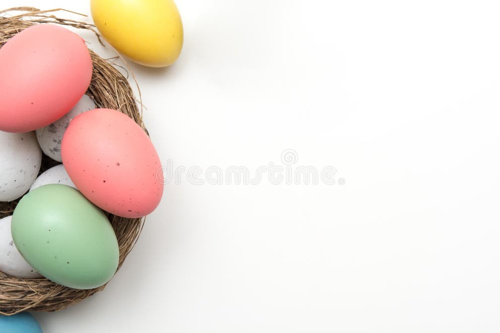 Easter Egg Layout Design with Coloured Eggs and White Copy Space Stock ...