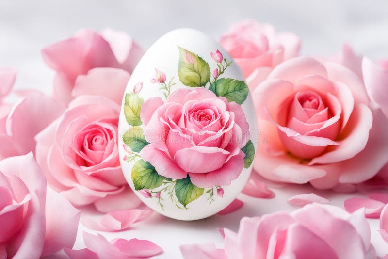 Easter Egg with a Pink Rose Painted on it, Surrounded by Pink Rose ...