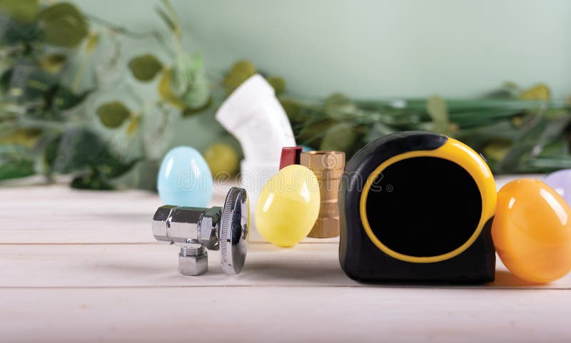 Easter Egg and Plumbing Tools, Copper Pipes and Fittings. Holiday ...