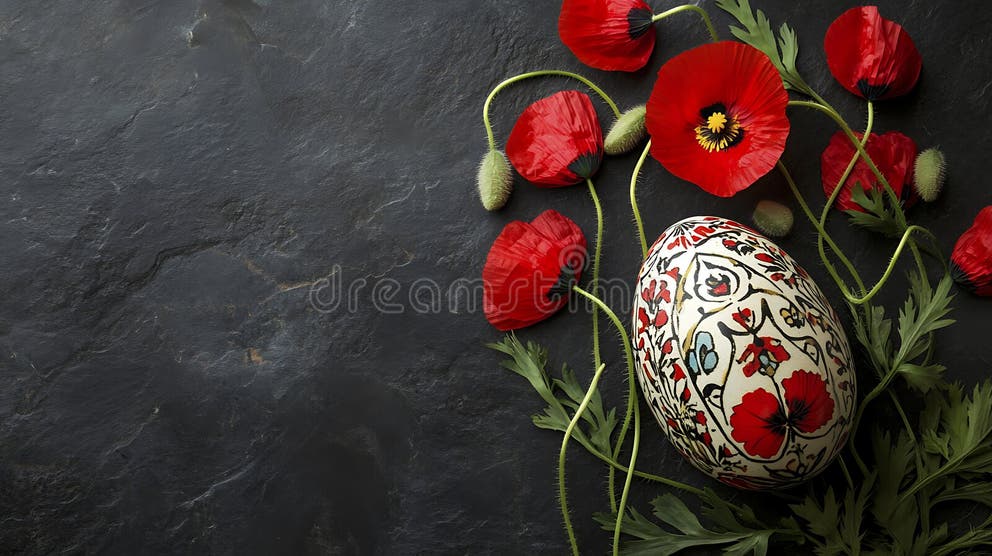 Easter Egg with Religious Patterns and Red Poppies on Black Stone Stock ...