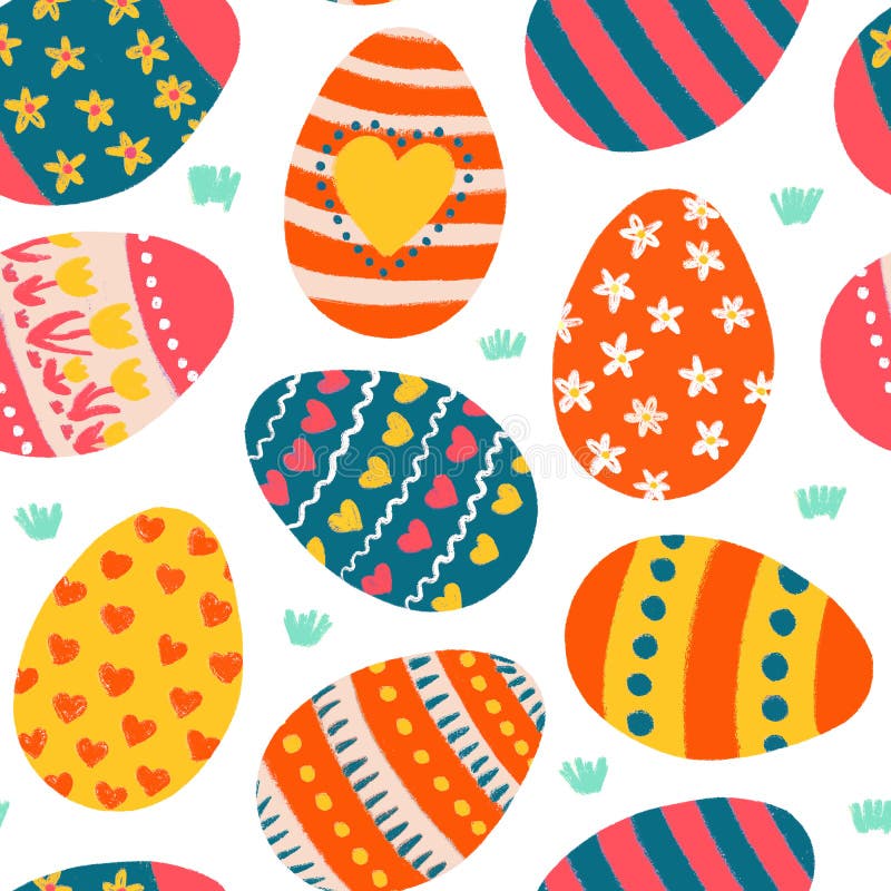 Easter Egg Seamless Background. Cute Hand Drawn Decorated Easter Eggs ...