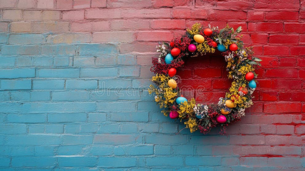 Easter Egg Wreath on Painted Brick Wall Stock Illustration - Illustration of pretty, easter ...