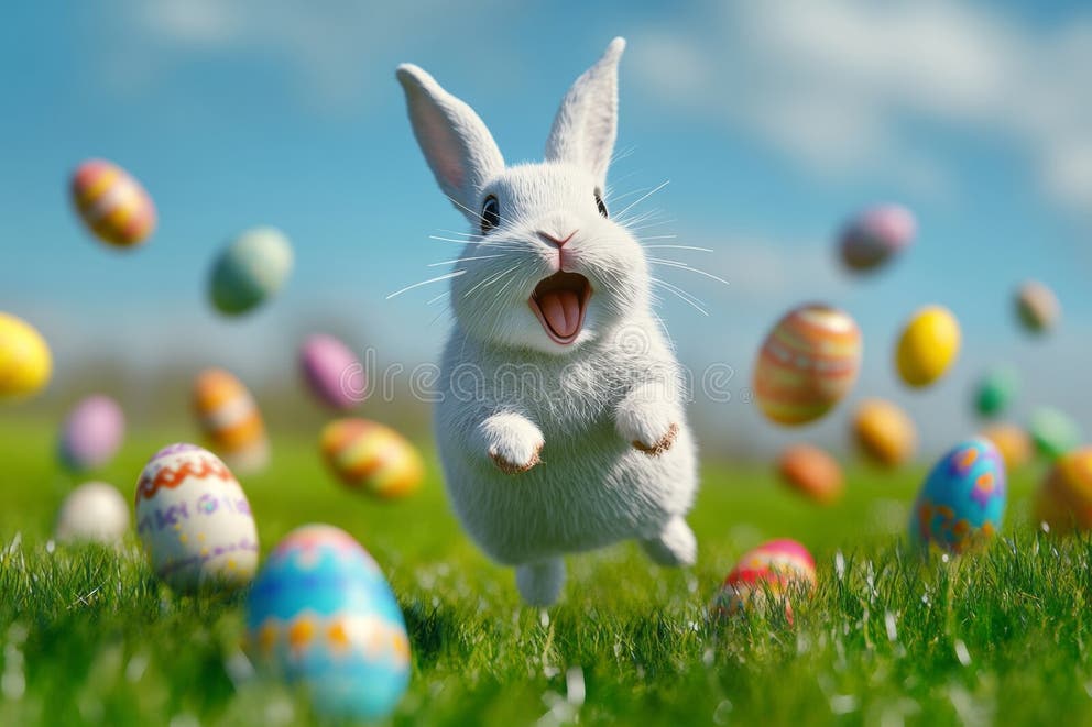 Easter Eggs Abound As the Happy Easter Bunny Jumps for Joy Stock Illustration - Illustration of ...