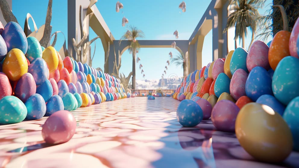 Easter Eggs Arranged Sequentially on a Walkway with Additional Ones ...