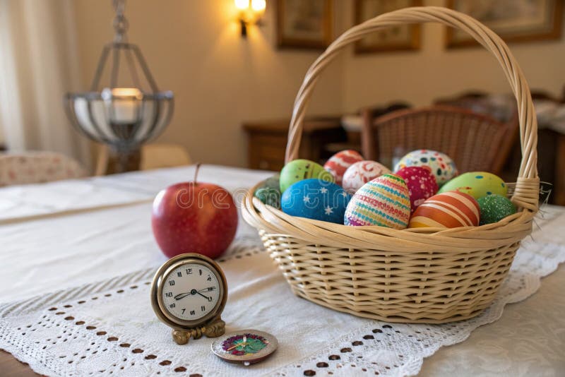 Easter Eggs in Basket with Apple and Pocket Watch Stock Illustration ...