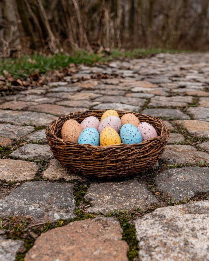 Easter Eggs in a Basket on a Cobblestone Path. Stock Illustration ...