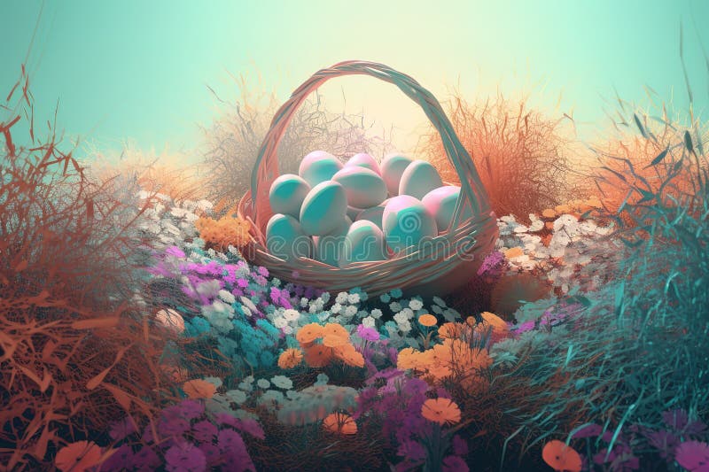 Easter Eggs Basket in a Flower Field. Generative AI Stock Illustration ...
