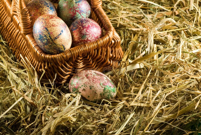 Easter Eggs in Basket in the Hay Stock Image - Image of green, plant ...