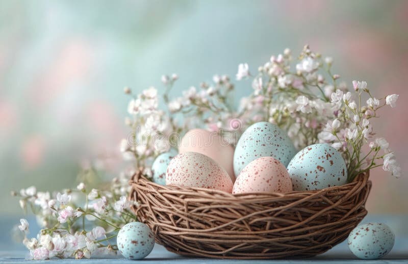 Easter Eggs in a Basket with Pastel Colors on a Wooden Table Stock ...