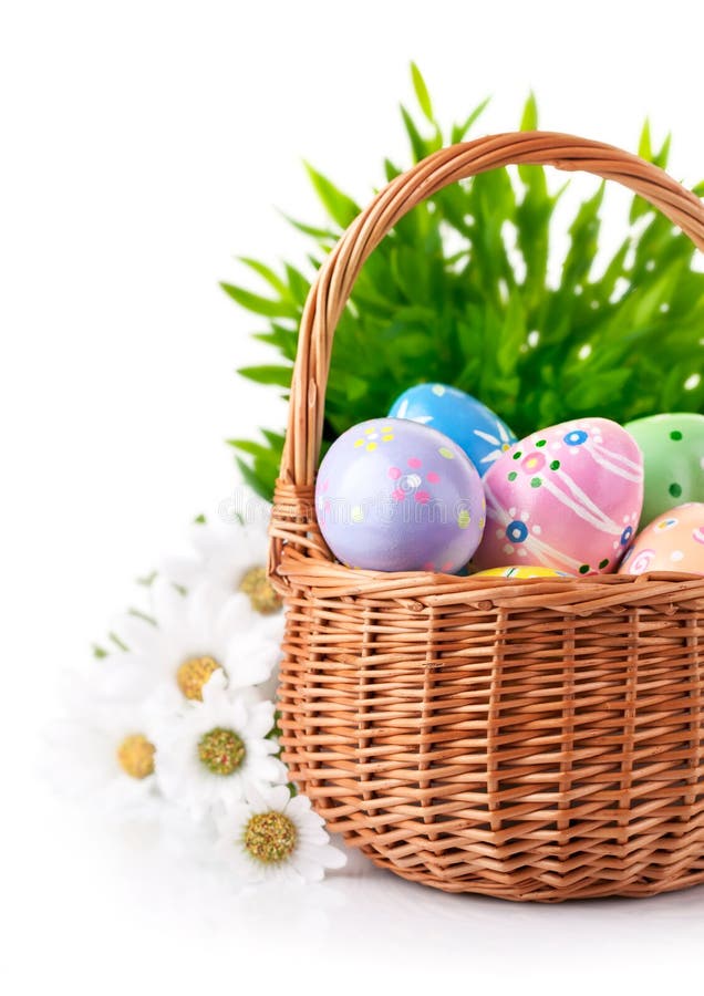 Easter Eggs in Basket with Spring Flowers Stock Photo - Image of grass ...