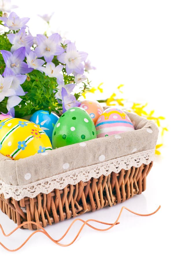 Easter Eggs in Basket with Spring Flowers Stock Image - Image of ...