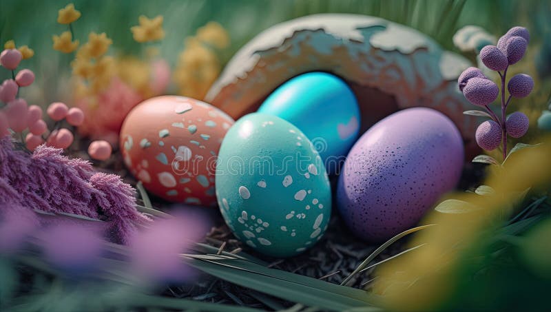 Easter Eggs in a Basket. Spring Summer Easter Bunny. Dyed, Colorful ...