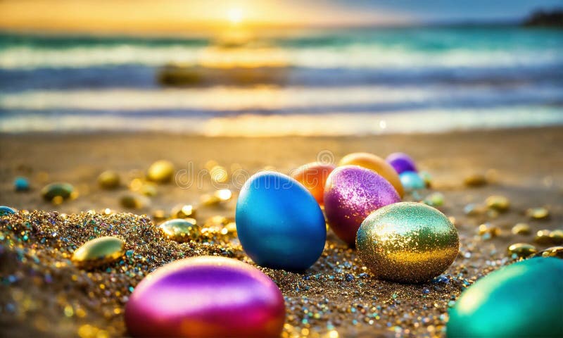 Easter Eggs on the Beach. Selective Focus Stock Photo - Image of ...
