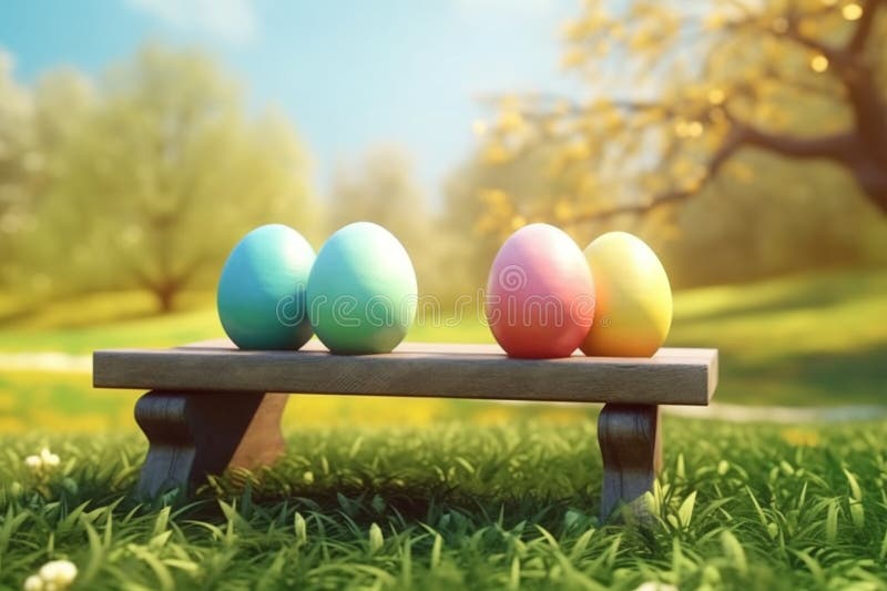 Easter Eggs on a Bench in Front of a Field Stock Illustration ...