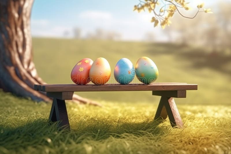 Easter Eggs on a Bench in Front of a Field Stock Illustration ...