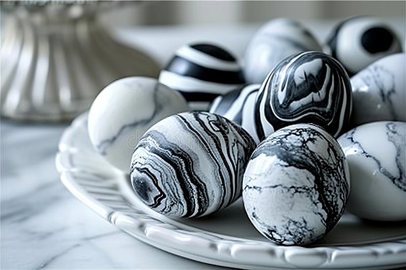 Easter Eggs with Black and White Marble Patterns on White Plate Against ...
