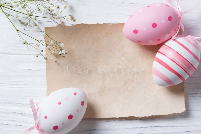 Easter Eggs and Blank Note on Wooden Background, Pastel Colors, Top ...