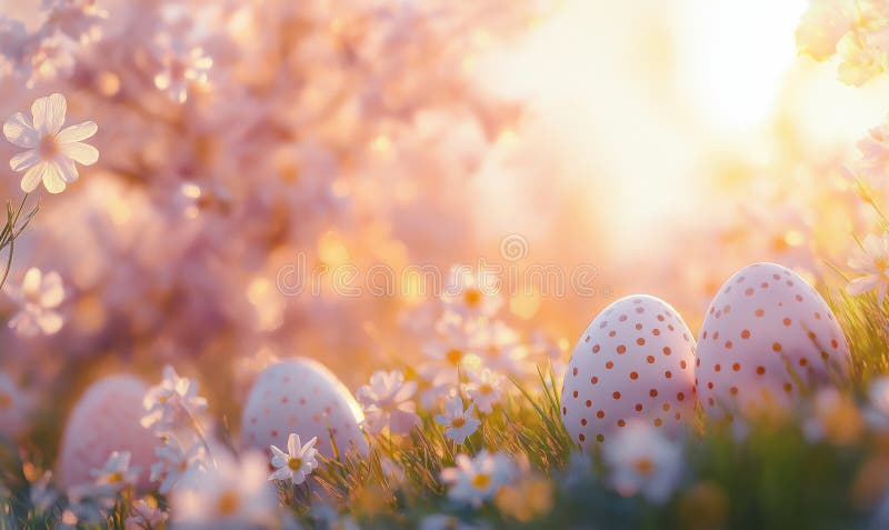 Easter Eggs in Blooming Flowers during Springtime Sunset with Soft ...