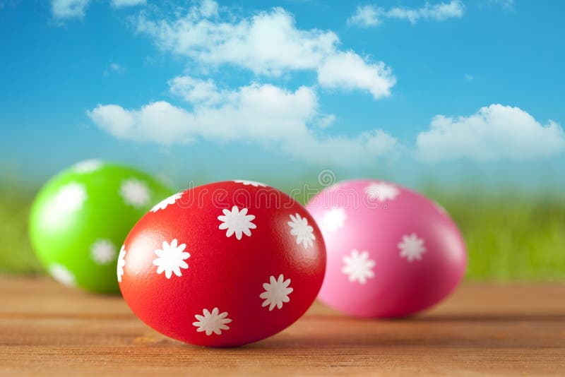 Easter Eggs On Blue Sky Background Stock Photo - Image of nature, plank ...