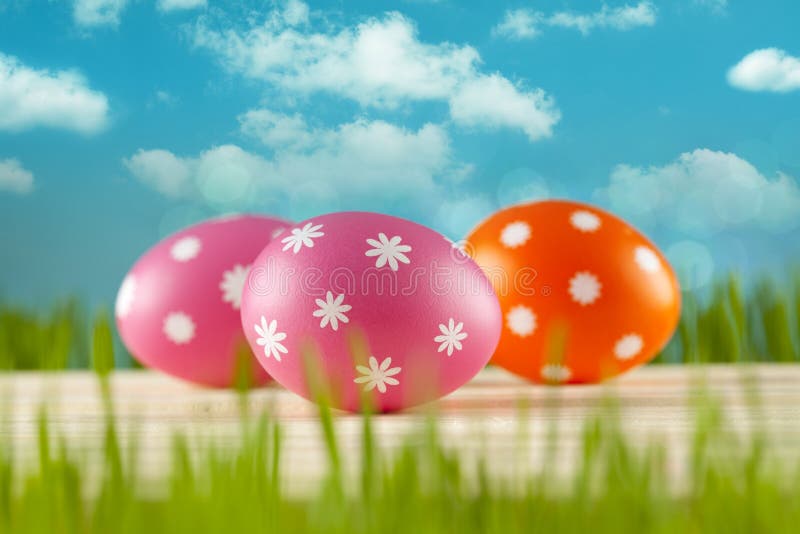 Easter Eggs on Blue Sky Background Stock Photo - Image of wood, nature ...