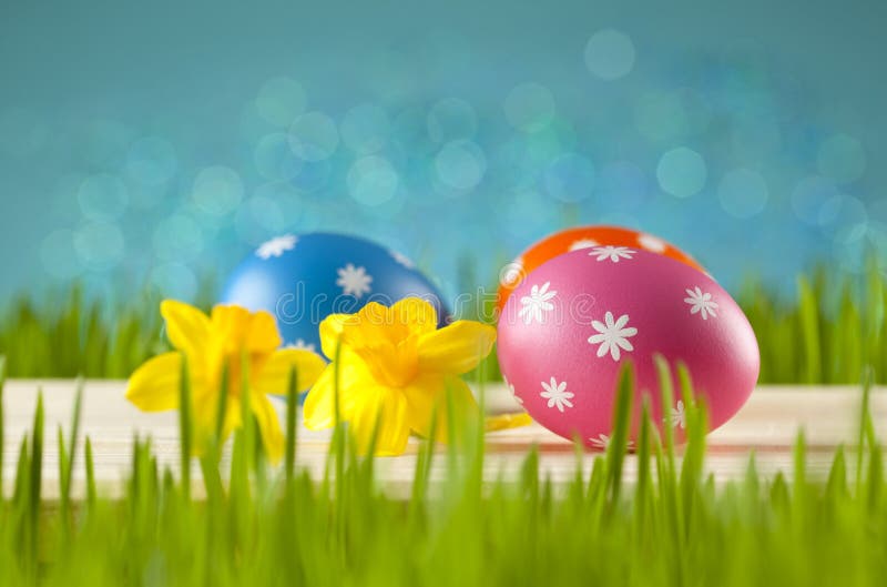 Easter Eggs on Blue Sky Background Stock Image - Image of spring, plank ...