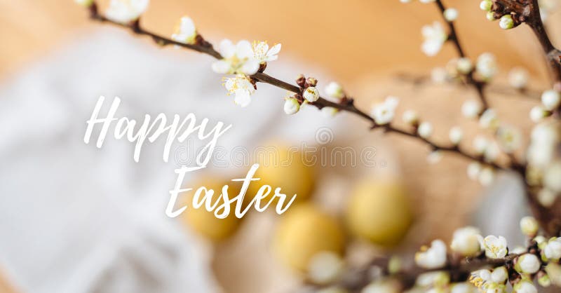 Easter Eggs, Branches with White Cherry Blossoms and the Inscription ...